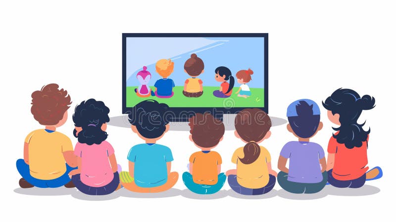 Group of Children Watching Cartoon on Television from Behind View Stock ...