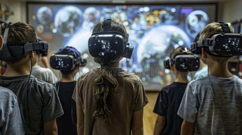 Group of Children Wearing VR Headsets Immersed in a Virtual Reality ...