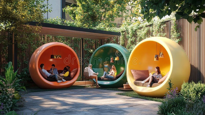 Group Chilling in Colorful Pods, Summer Patio . Stock Image - Image of ...