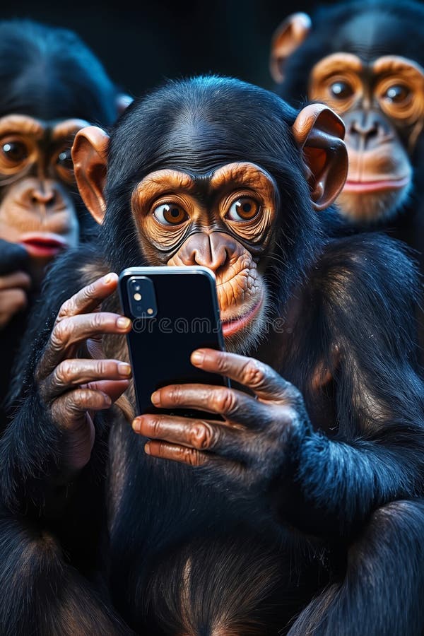 A Group of Chimpanzees Looking at a Cell Phone Stock Image - Image of ...