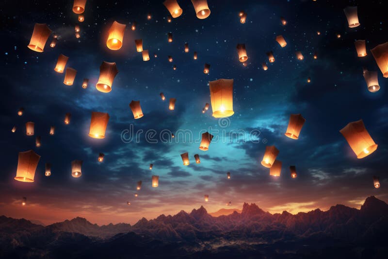 Group of Chinese Flying Lanterns Stock Photo - Image of peace, culture ...