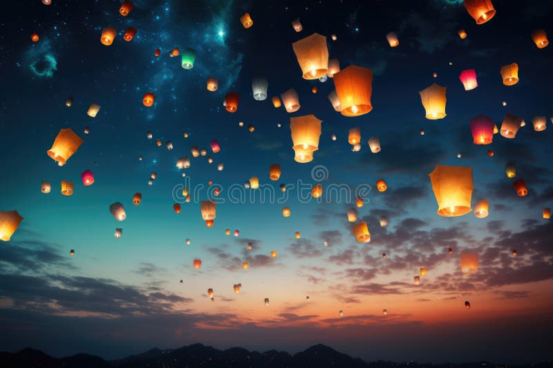 Group of Chinese Flying Lanterns Stock Photo - Image of concept ...