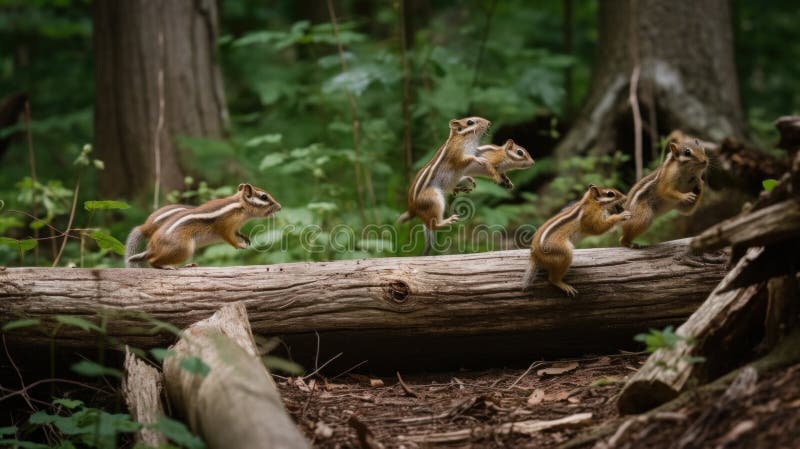 A Group of Chipmunks Standing on a Log in the Woods. AI Generative ...