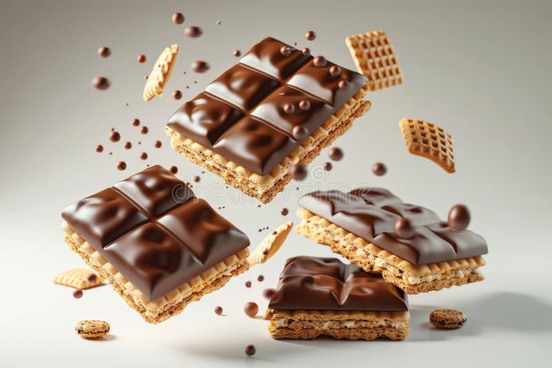 A Group of Chocolate Covered Crackers Flying through the Air, Perfect ...