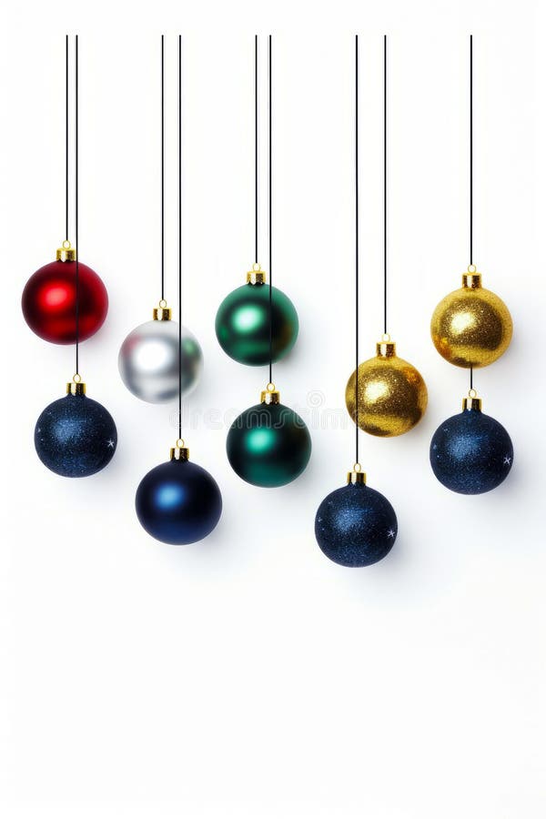 Group of Christmas Ornaments Hanging from Strings on White Wall ...