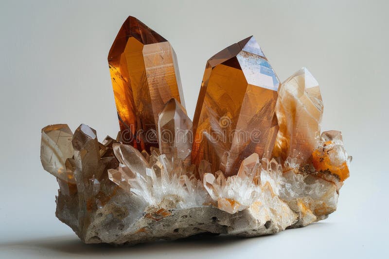 Group of Citrine Crystals Growing on Quartz Base Stock Image - Image of ...