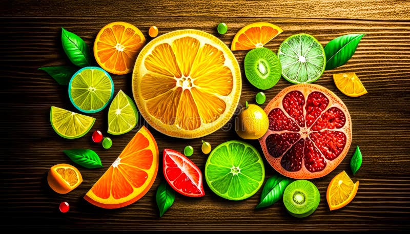 Group of Citrus Fruits on Wooden Table. Generative AI Stock ...