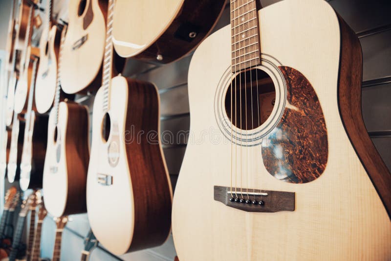 Group of Classic Musical Guitar Instruments . Side View of Guitar at ...