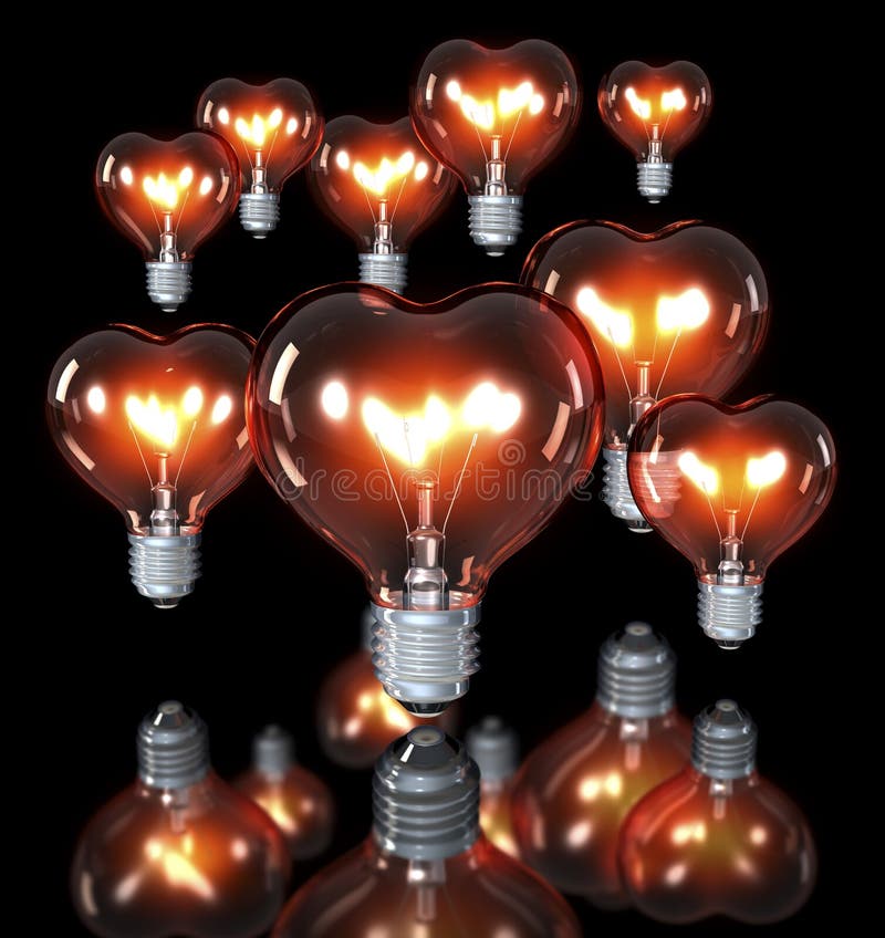 Group of Classical Light Bulbs, Heart Shaped, Glowing Yellow Red Stock ...