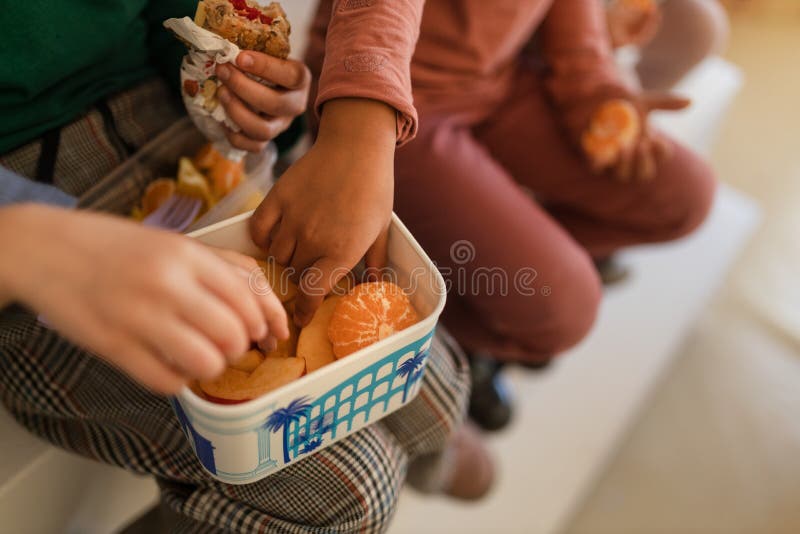 Group of Classmates Having Fruit Snack during Break at School. Stock ...