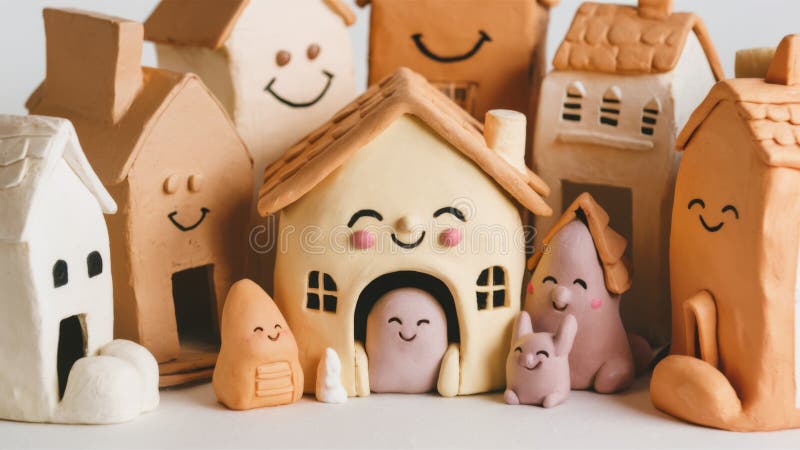 A Group of Clay Houses with Smiling Faces and Happy Eyes, AI Stock ...