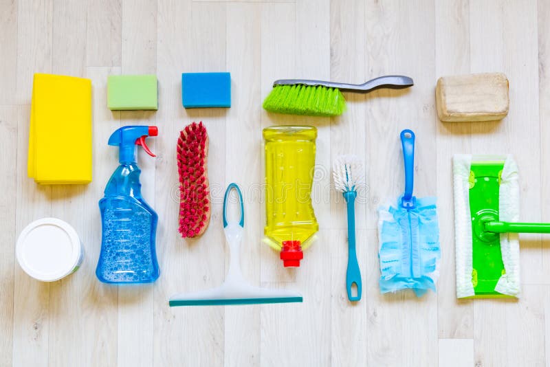 Group of cleaning items stock image. Image of brush - 182172573