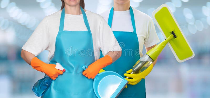 Group of Cleaning Ladies with Mop and Cleaning Products Stock Photo ...