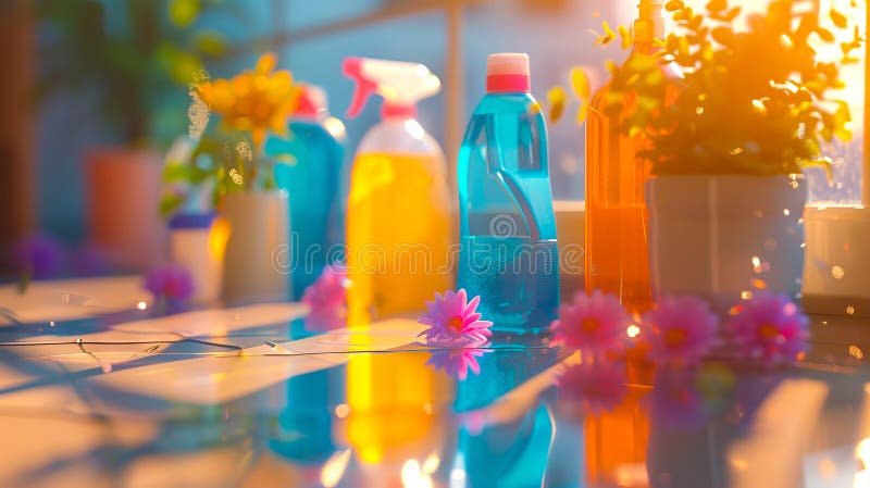 A Group of Cleaning Products on a Table Stock Image - Image of shampoo ...