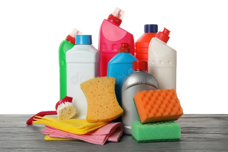 Group of Cleaning Tools on Wooden Table Isolated on White Background ...