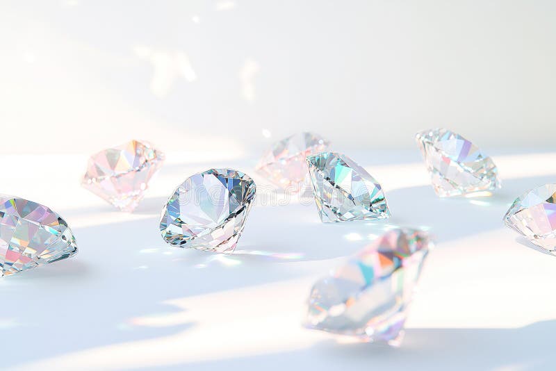 Group of Clear Sparkling Diamonds on White Surface, Reflecting Sunlight ...