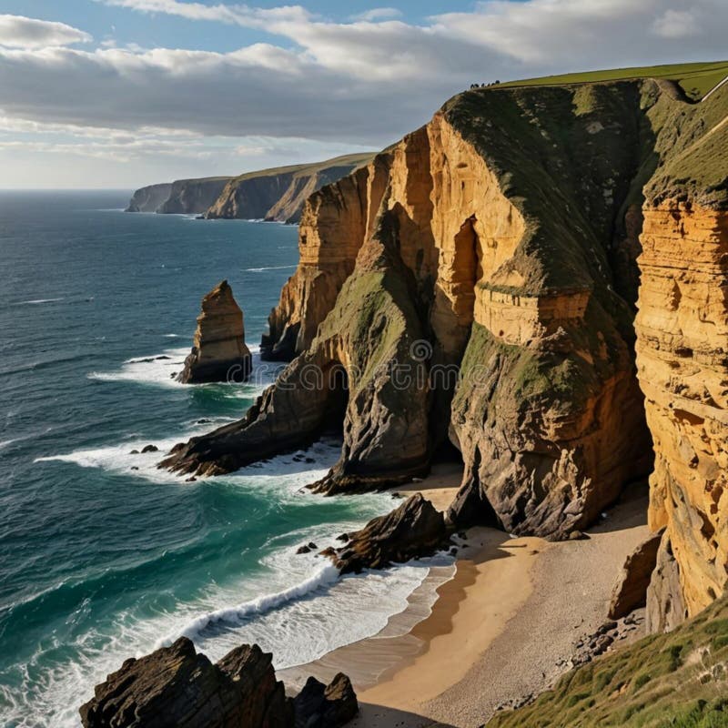 A Group of Cliffs in the Water with Green Grass on Them Stock Photo ...