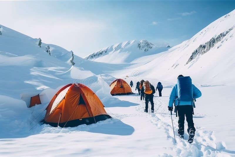 A Group of Climbers in an Alpine Camp with Tents on a Mountain Peak ...