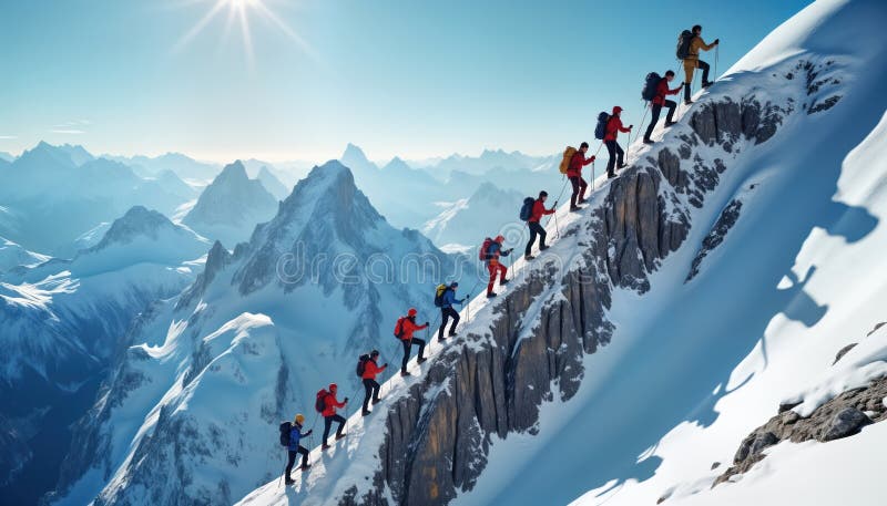 Group of Climbers Ascending Snow-capped Mountain Ridge. Teamwork ...