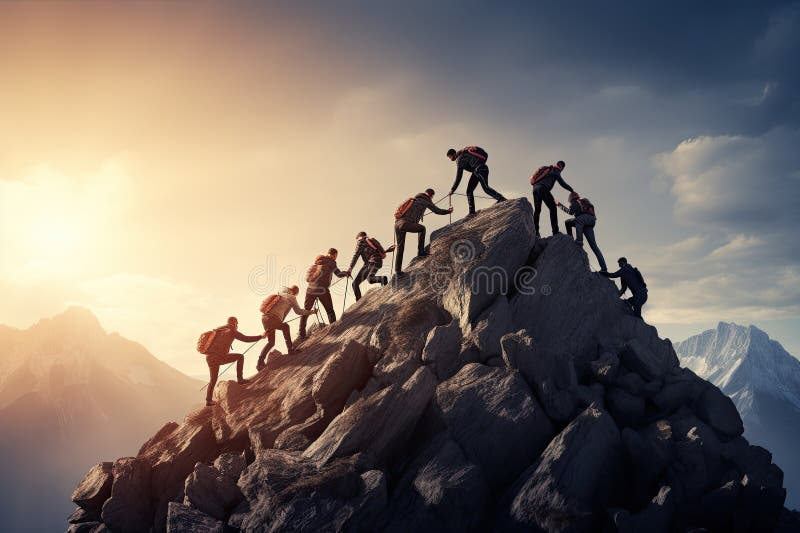 Group of Climbers Climbing on Mountain Peak. Teamwork and Leadership ... Group of Climbers Climbing on Mountain Peak. Teamwork and Leadership ...