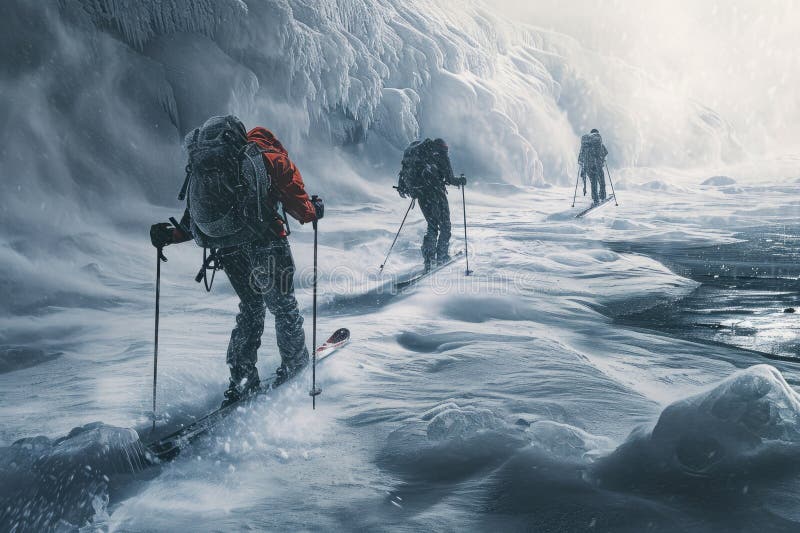 A Group of Climbers Climbs To the Top of a Snow-covered Mountain. the ...