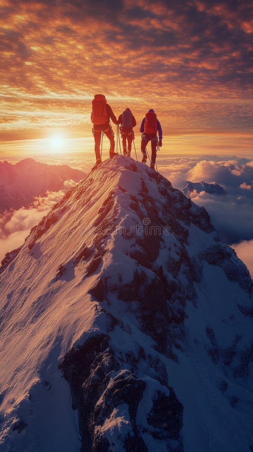 Group of Climbers Reaching the Summit at Sunset with Dramatic Clouds in ...