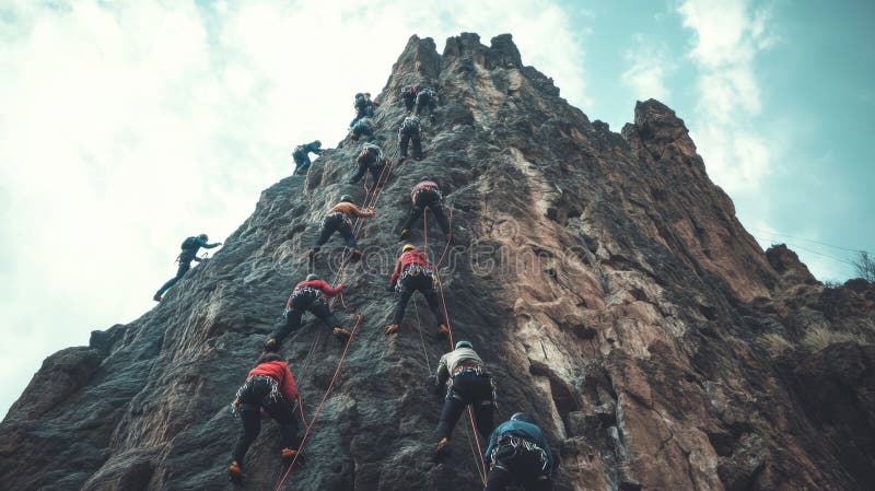 Group of Climbers Scaling a Vertical Rocky Cliff Stock Image - Image of ...