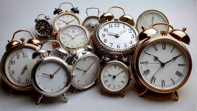 A Group of Clocks Sitting on Top of Each Other Stock Photo - Image of ...