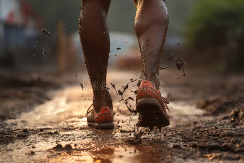 Group of Close Legged Runners Running on Land . Athletics in the Mud ...