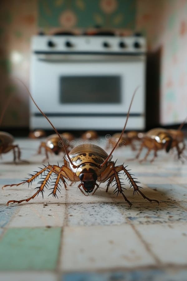Swarm of Cockroaches Exploring an Old Kitchen Floor in a Vintage ...