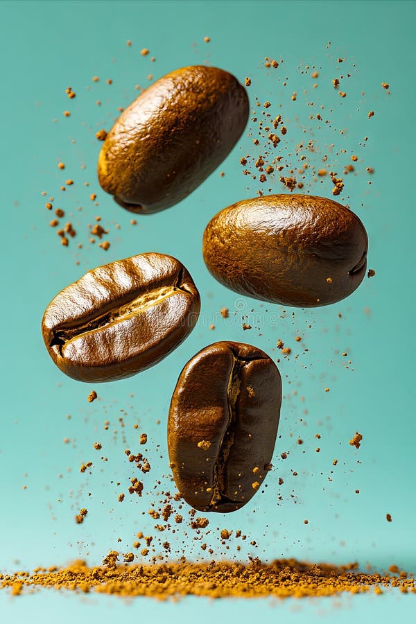 A Group of Coffee Beans Falling into the Air with Coffee Powder Stock ...