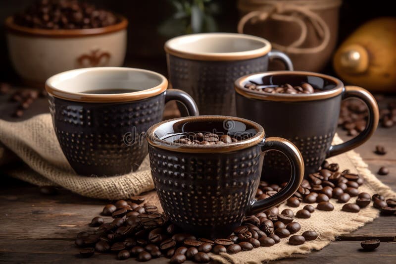 A Group of Coffee Mugs with Coffee Beans in the Bottom and a Cup with ...