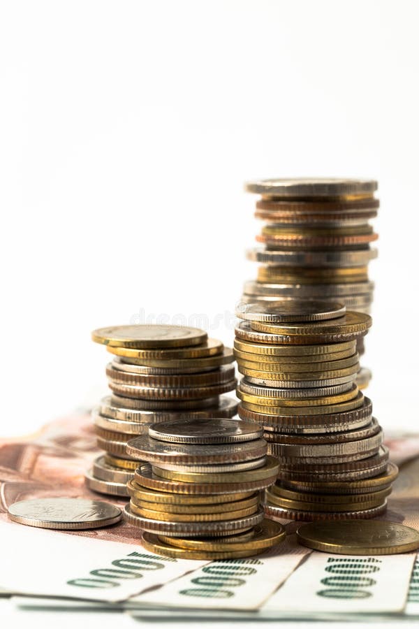 Group of Coin and Bank Note Isolated on White Stock Photo - Image of ...