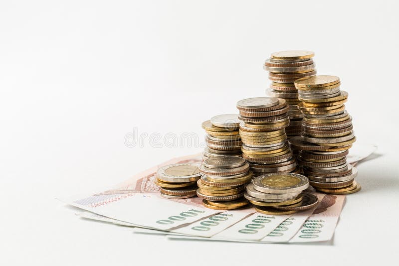 Group of Coin and Bank Note on White Stock Photo - Image of calculation ...