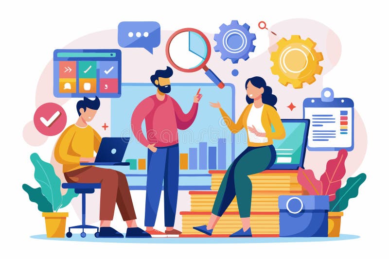 A Group Collaborates Around Digital Tools To Analyze Company Data and ...