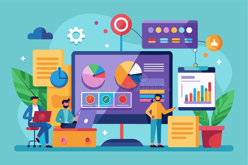 A Group Collaborates in a Vibrant Office Setting, Using Digital Tools ...