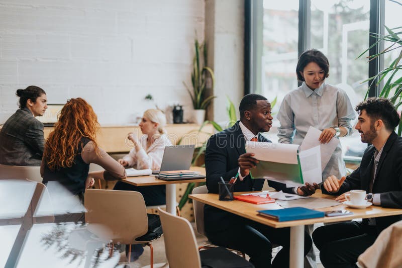 Group Collaborating in a Modern Rustic Business Co Working Space with ...
