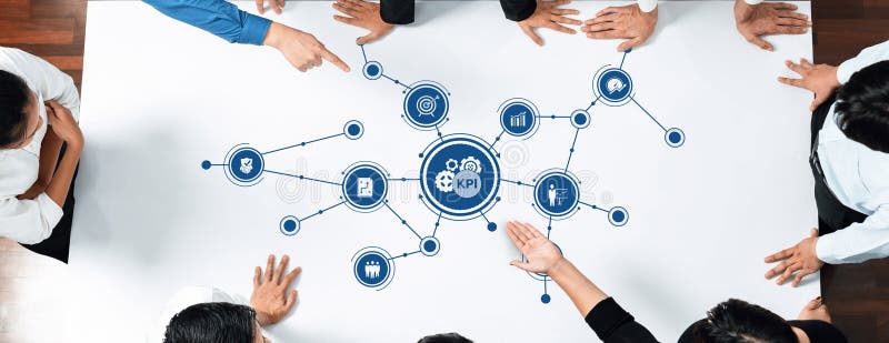 Group Collaboration Around KPI Strategy and Performance Metrics with Icons and Data ...