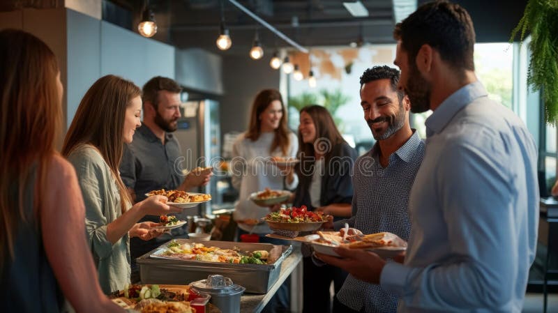Group of Colleagues Enjoying a Catered Lunch Break at Work Stock ...