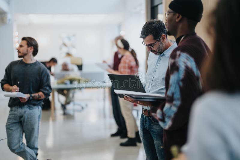 Group of Colleagues with Paperwork Having a Discussion in an Office ...