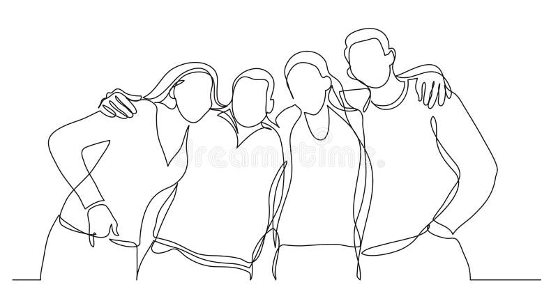 Group of College Friends Standing Together Posing - One Line Drawing ...