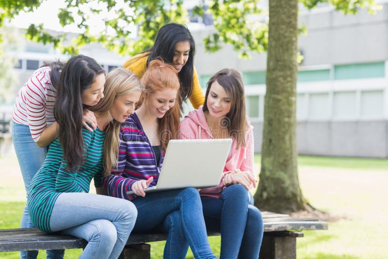 Group of College Girls Using Laptop in Park Stock Image - Image of ...