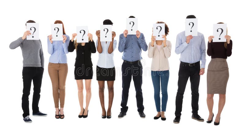 Group of College Students Hiding Behind Question Mark Sign Stock Image ...