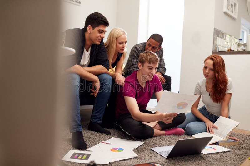 Group of College Students in Lounge of Shared House Studying Together ...