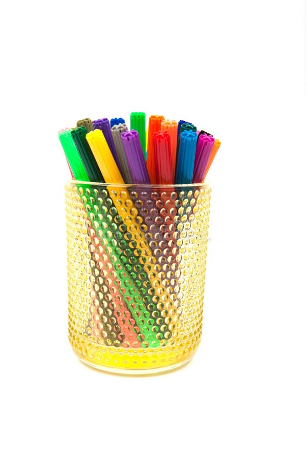 Group of Color Felt-tipped Pens in a Glass, White Background Stock ...