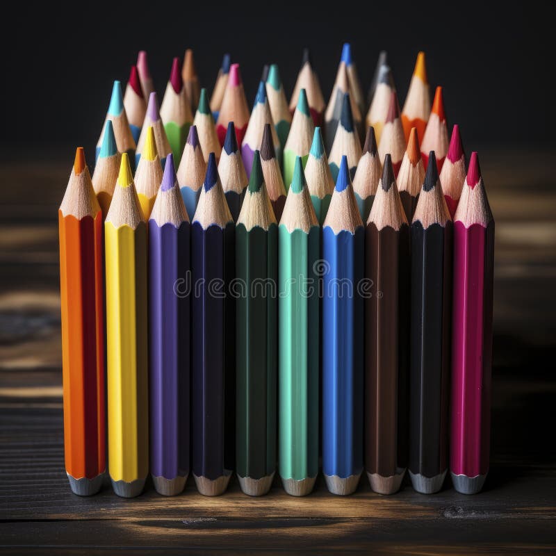 A Group of Colored Pencils Arranged Upright on a Wooden Surface Stock ...