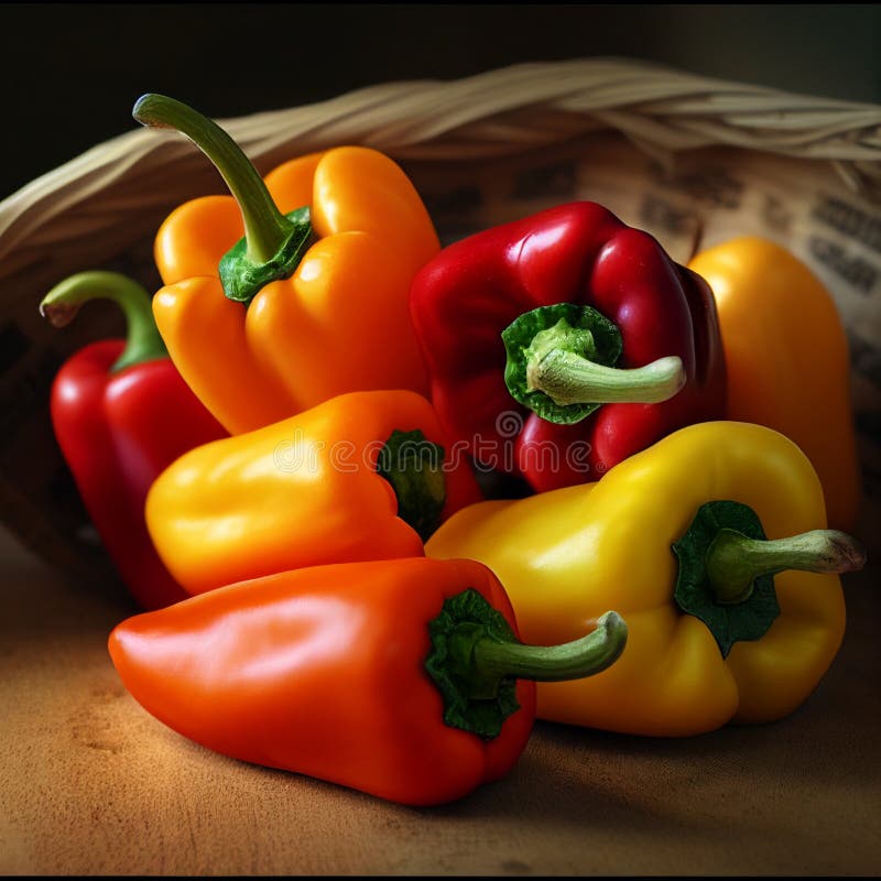 Vibrant Colors: Group of Colored Peppers in Wicker Basket Stock ...
