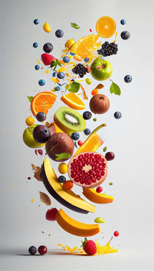 Group of Colorful Assorted Fruits Creatively Falling-Dripping Flying or ...