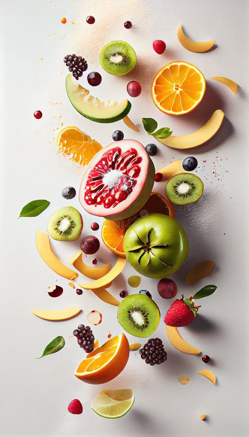 Group of Colorful Assorted Fruits Creatively Falling-Dripping Flying or ...