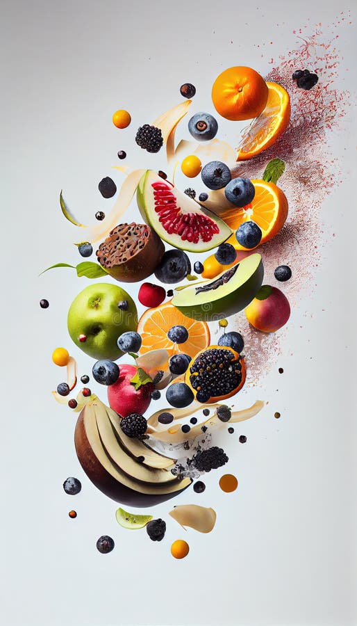Group of Colorful Assorted Fruits Creatively Falling-Dripping Flying or ...